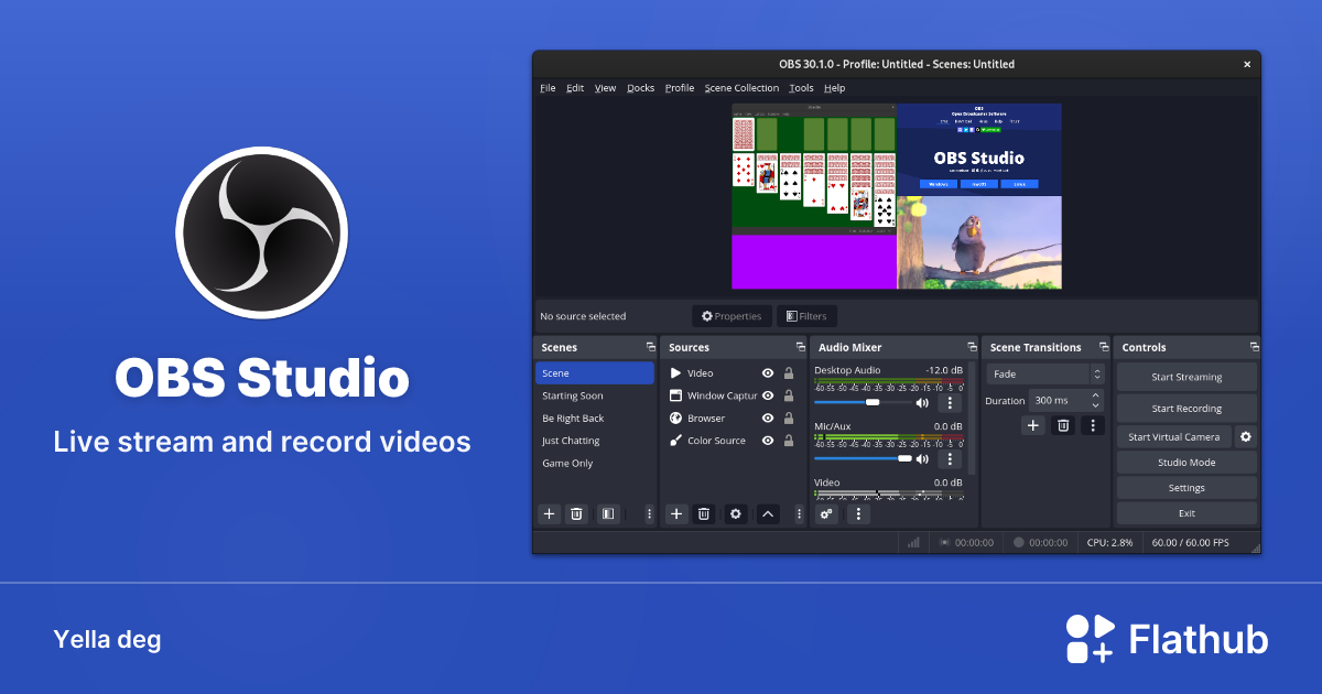 Sbedd OBS Studio deg Linux | Flathub