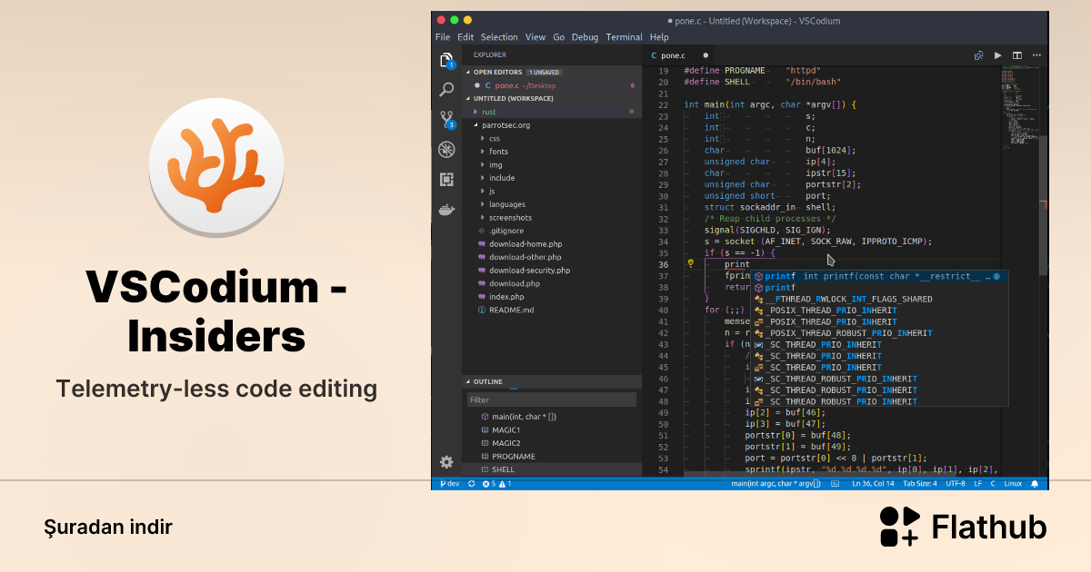VSCodium - Insiders uygulamasını Linux'ta kur | Flathub