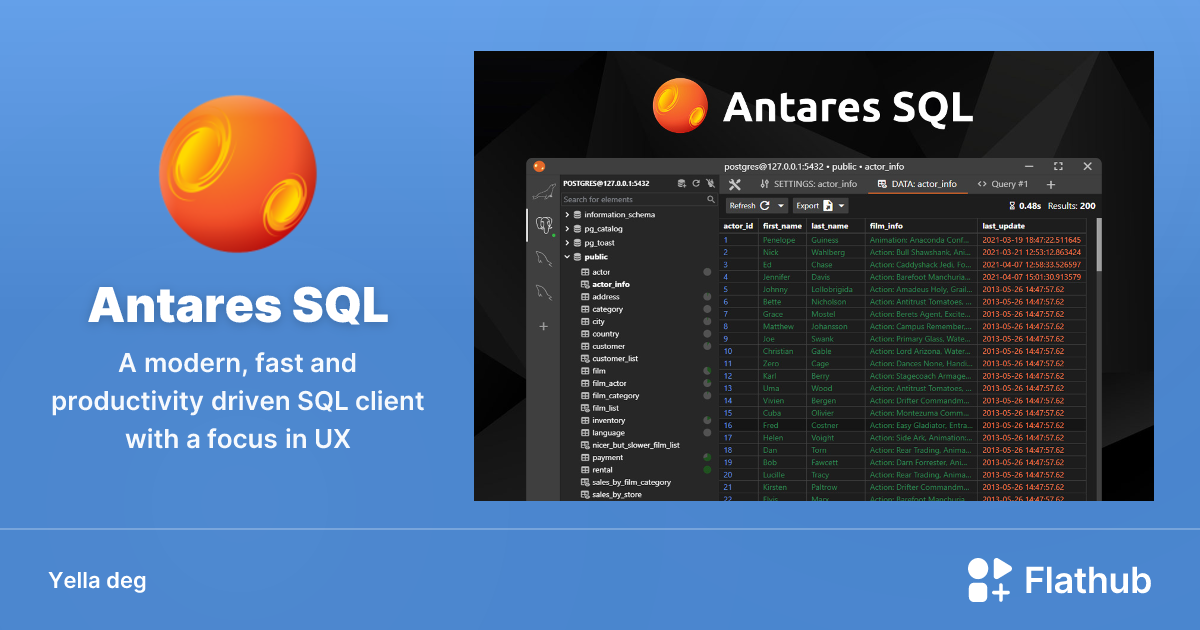 Sbedd Antares SQL deg Linux | Flathub