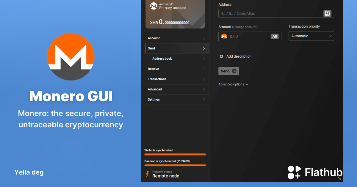Sbedd Monero GUI deg Linux | Flathub