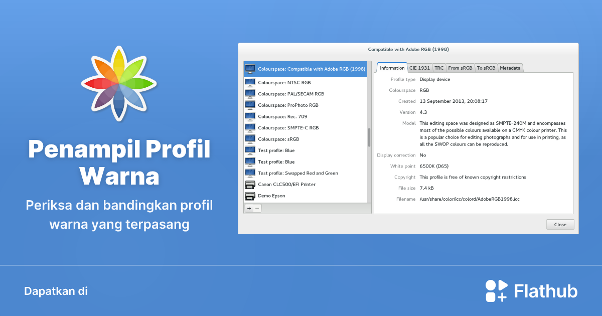 Menginstal Penampil Profil Warna di Linux | Flathub