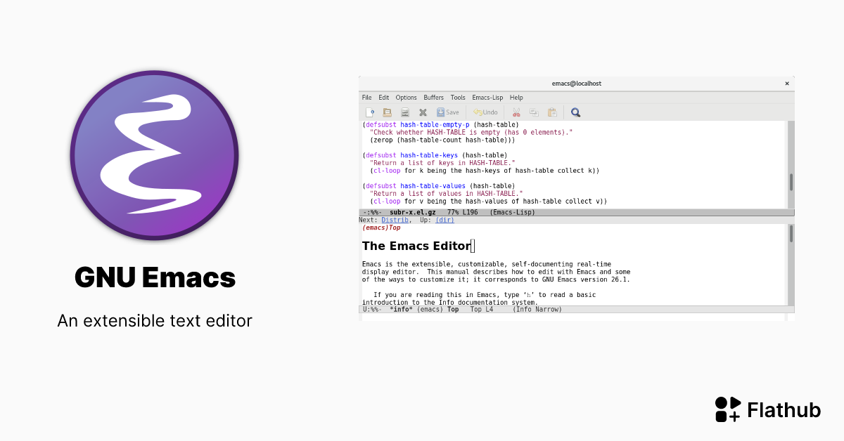 Sbedd GNU Emacs deg Linux | Flathub